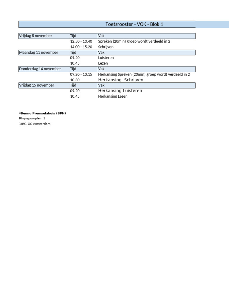 Toetsrooster VOK Blok 1 Studentenversie | PDF