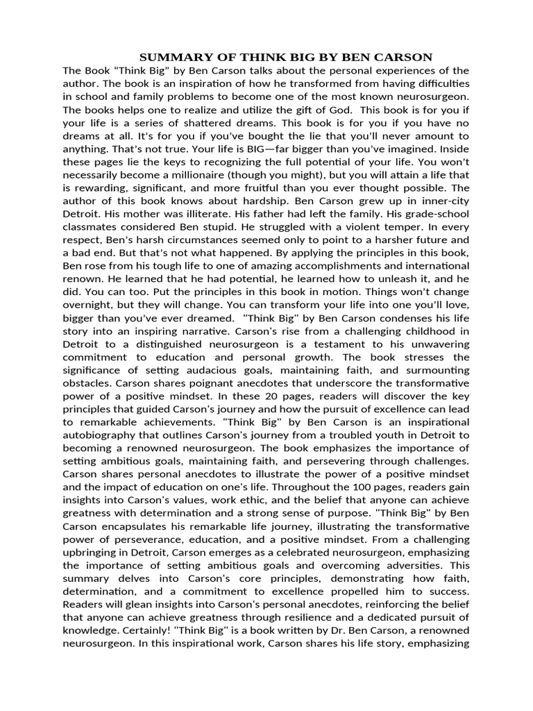 Summary of Think Big by Ben Carson | PDF | Mentorship | Psychological ...