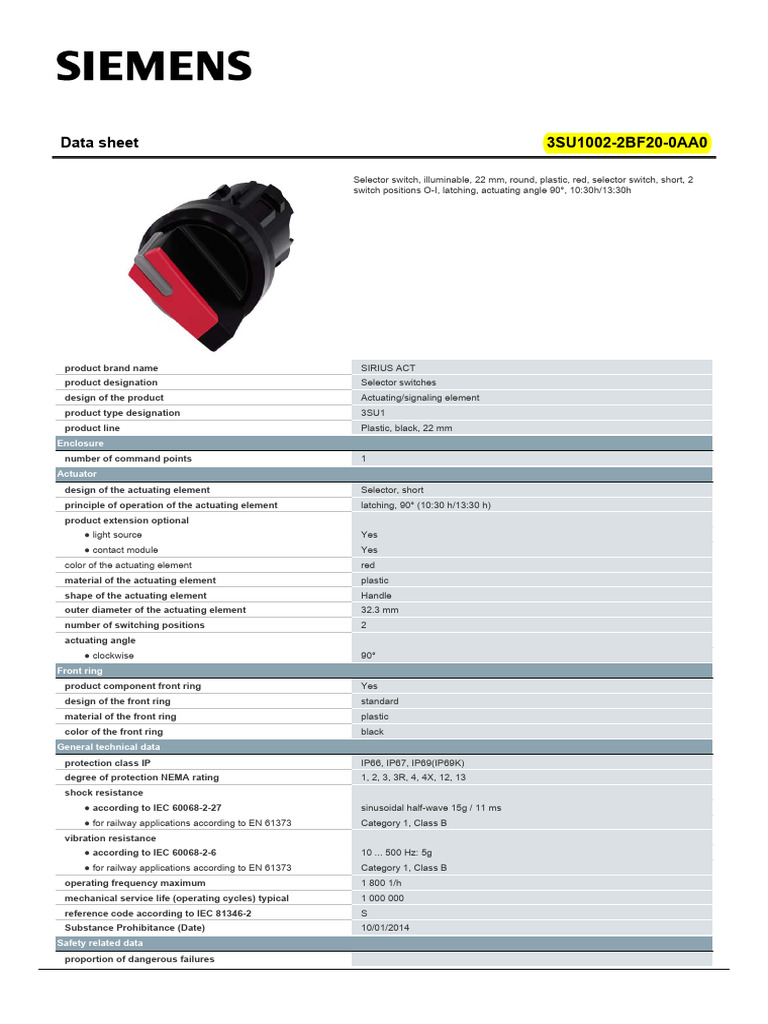 Siemens 22mm Red Selector Switch Data Sheet | PDF | Switch | Electrical ...