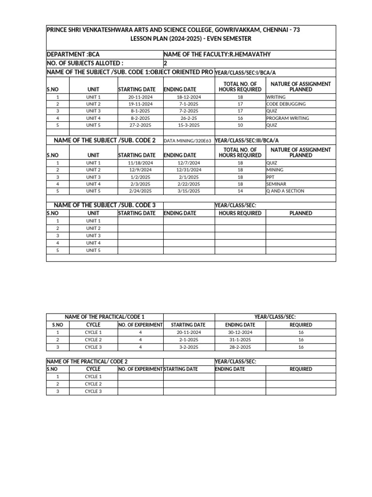 BCA Lesson Plan 2024-2025 Overview | PDF
