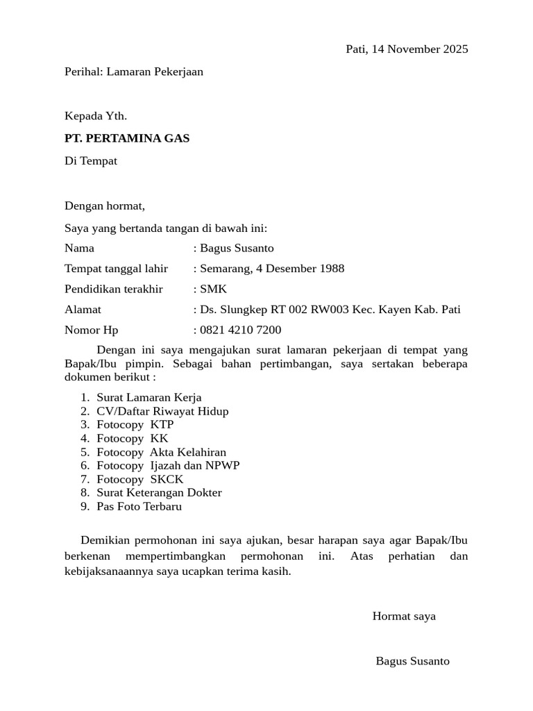 Lamaran Kerja Bagus Susanto di Pertamina | PDF