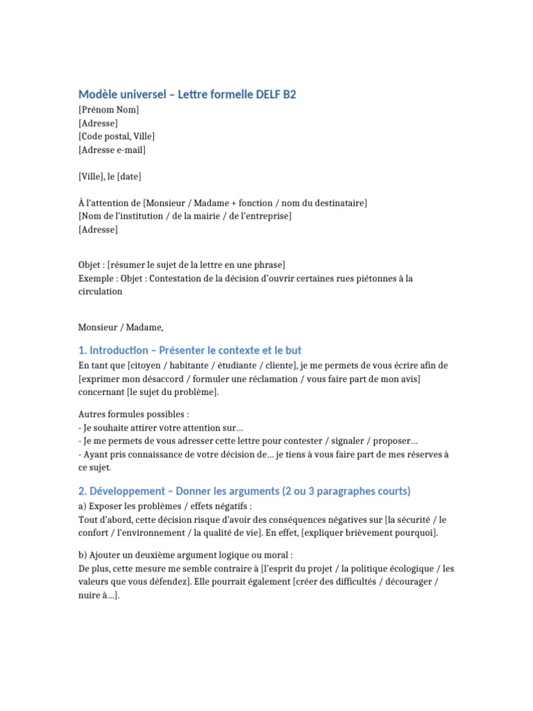 Modele Lettre Formelle DELF B2 | PDF