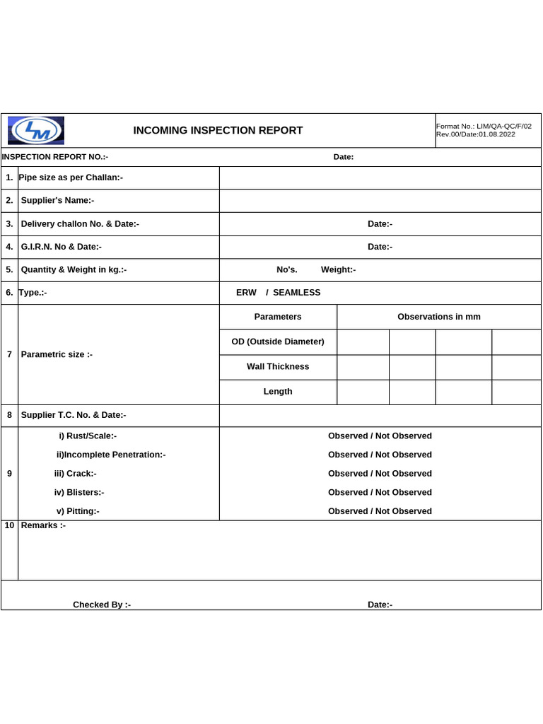 Incoming Inspection Report Template | PDF | Chess Theory | Chess