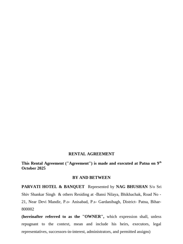 Draft Rental Agreement Patna Bihar | PDF | Lease | Property Law