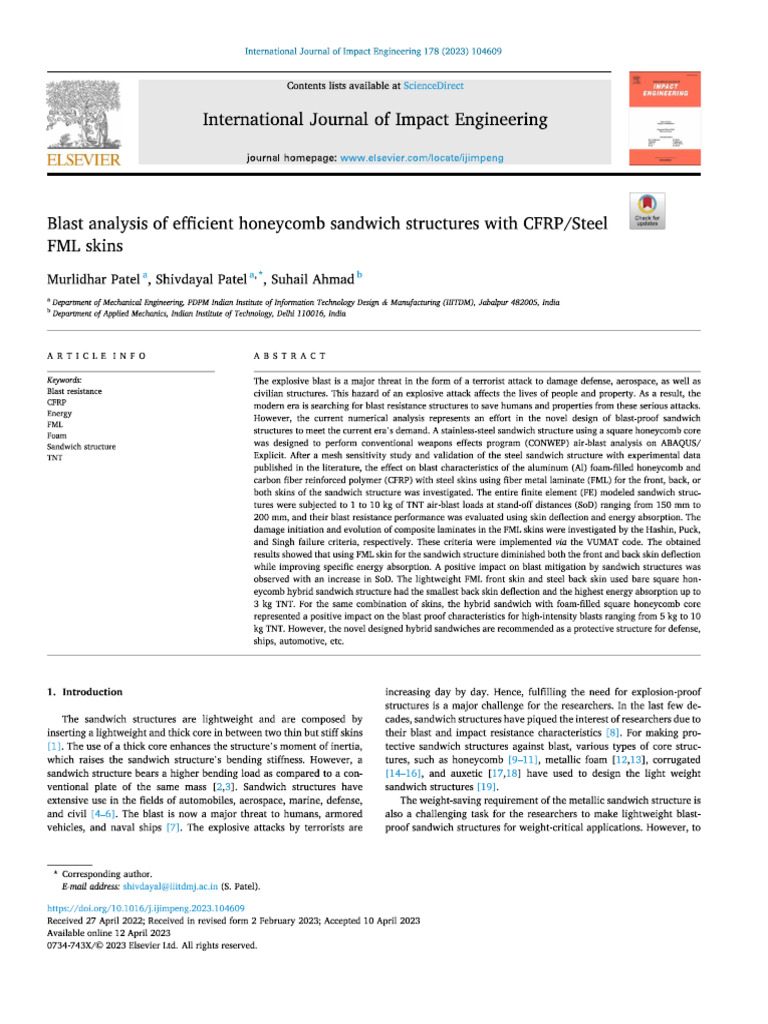 Blast Analysis of Efficient Honeycomb Sandwich Structures With CFRP ...