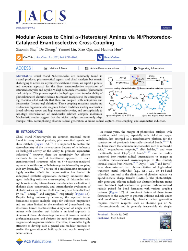 Modular Access to Chiral α‑ (Hetero) aryl Amines via Ni ...