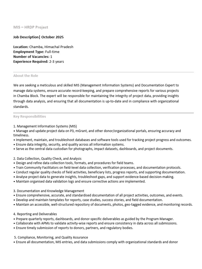 MIS and Documentation Expert Job in Chamba | PDF | Data | Data Management