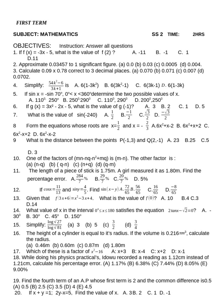 SS2 First Term Mathematics Examination | PDF | Mathematics