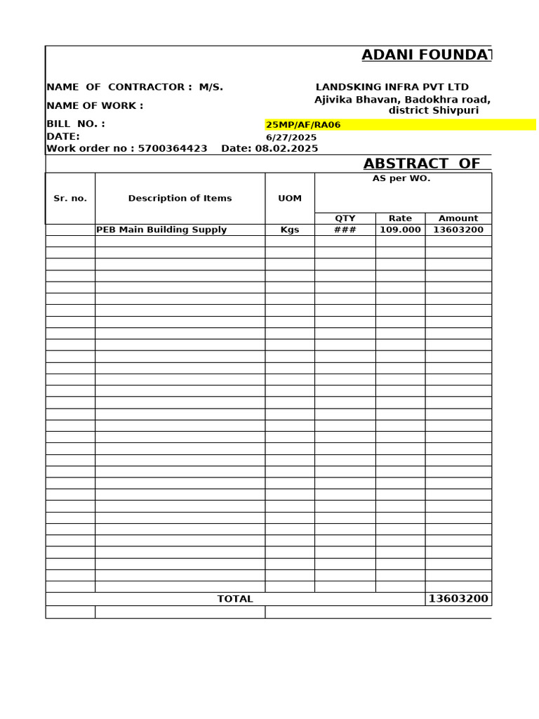 Adani Foundation Contractor Billing Summary | PDF