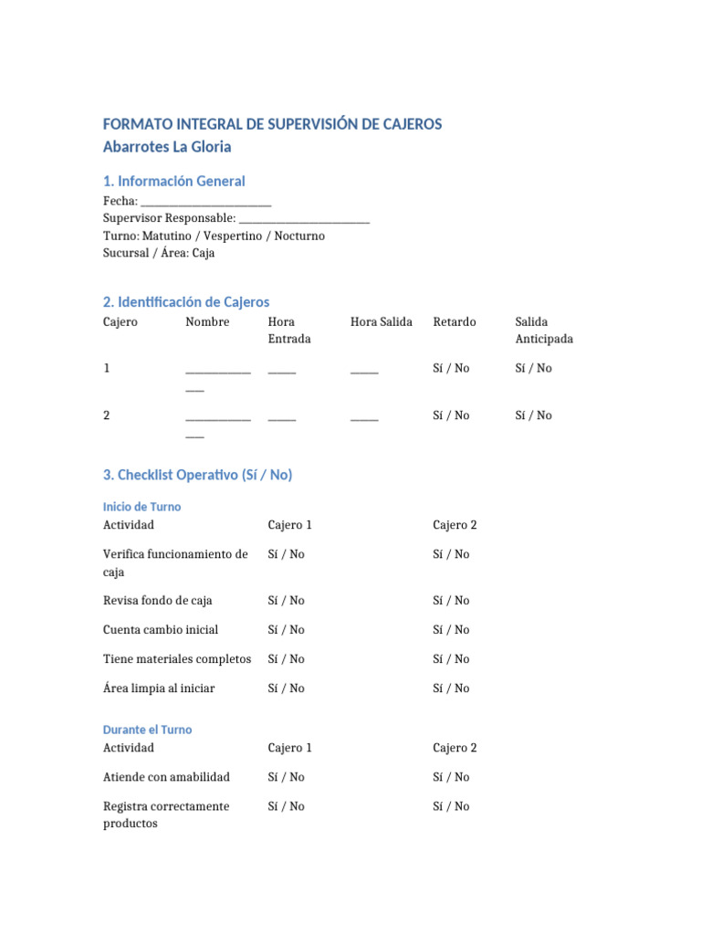 Formato Integral Supervision Cajeros | PDF