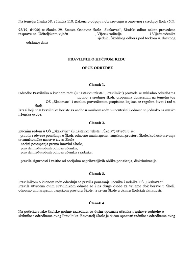 PDF Pravilnik o Kucnom Redu OS Skakavac 2022 | PDF