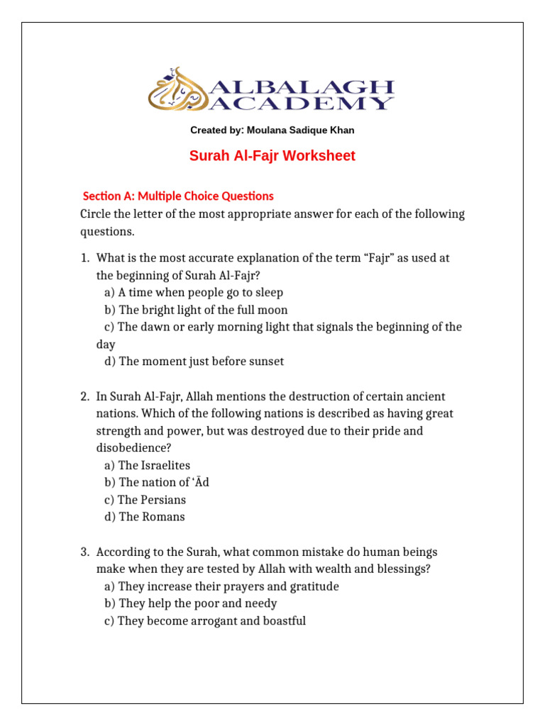 Surah Al-Fajr Worksheet for Students | PDF | Surah | Quran