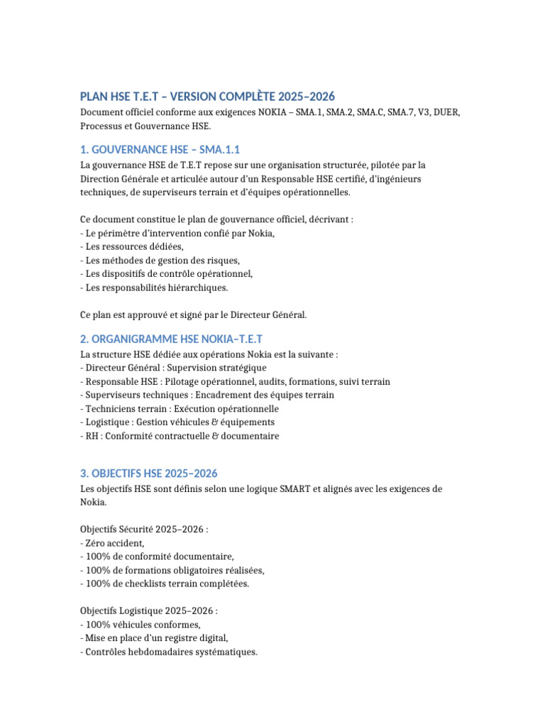 Plan HSE T.E.T 2025-2026 : Gouvernance et Objectifs | PDF | Évaluation ...