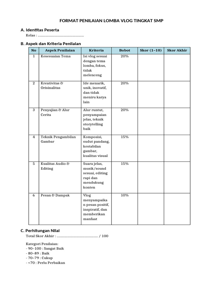 Panduan Penilaian Lomba Vlog SMP | PDF