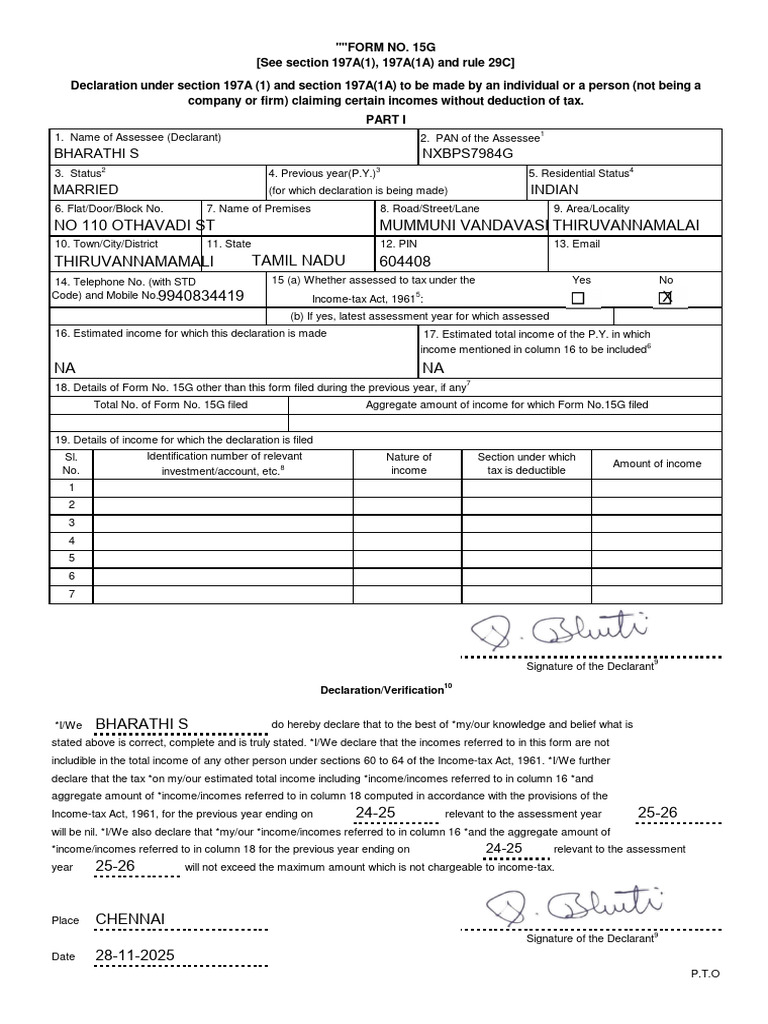Income Tax Form No. 15G Declaration | PDF | Income Tax | Government ...