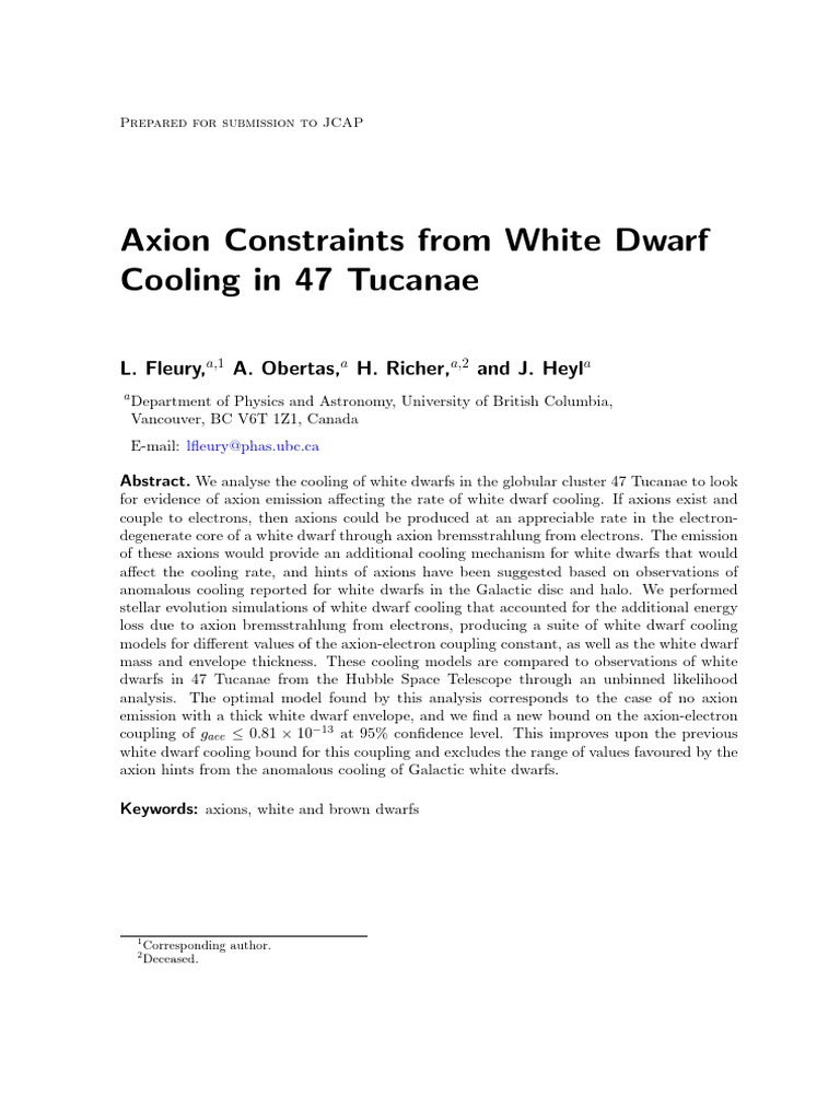 Axion Constraints From White Dwarf Cooling in 47 Tucanae: L. Fleury, A ...