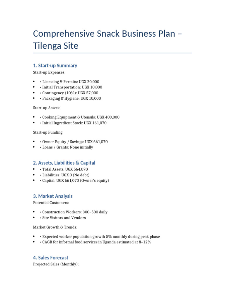Detailed Snack Business Plan Tilenga | PDF | Equity (Finance) | Expense