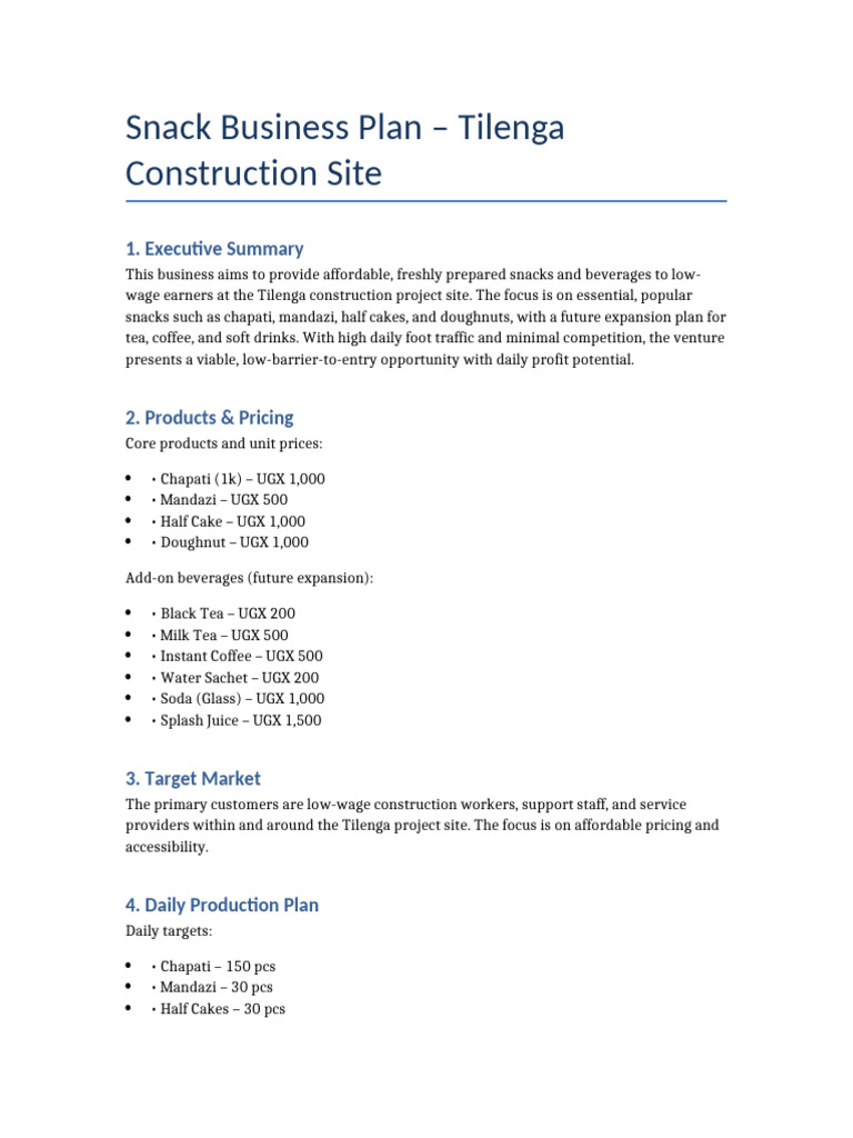 Affordable Snack Business Plan for Tilenga | PDF