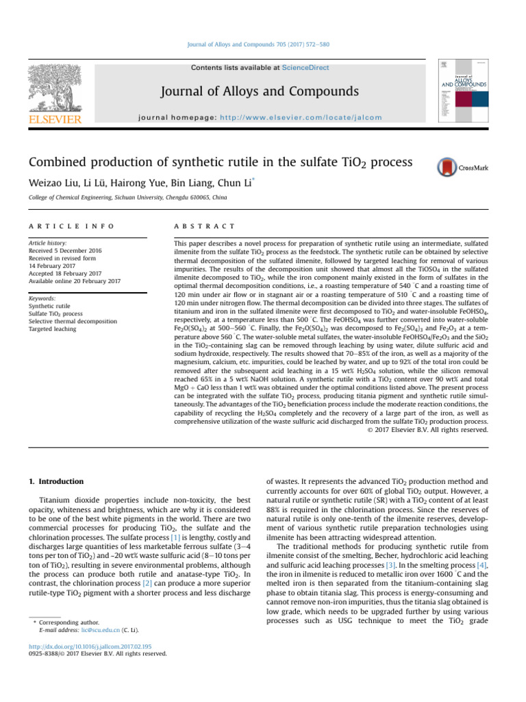 Combined Production of Synthetic Rutile in Sulfate TiO2 Process | PDF ...