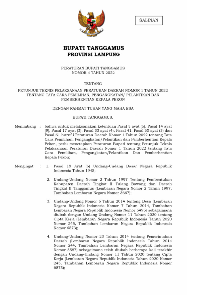 Perbub No 4 Tahun 2022 Pelaksanaan Teknis Pikakon | PDF