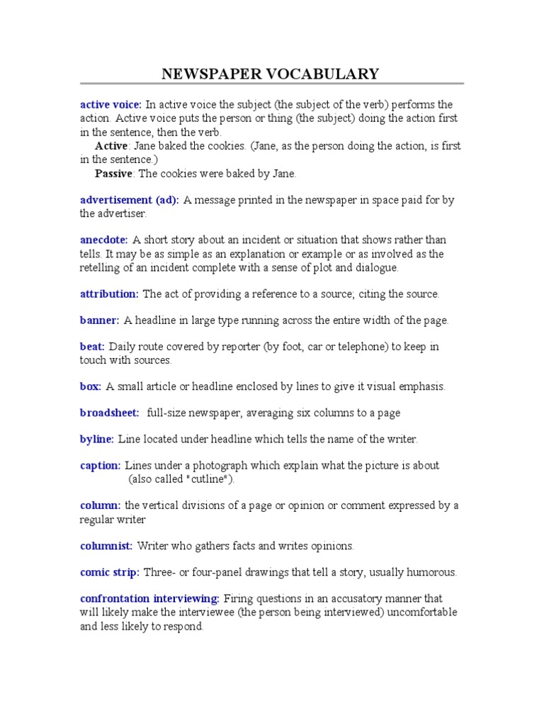 Newspaper Vocabulary Explained | PDF | News | Newspapers