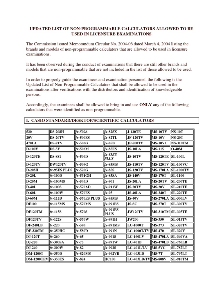 Updated List of Non-Programmable Calculators | PDF | Media Technology ...