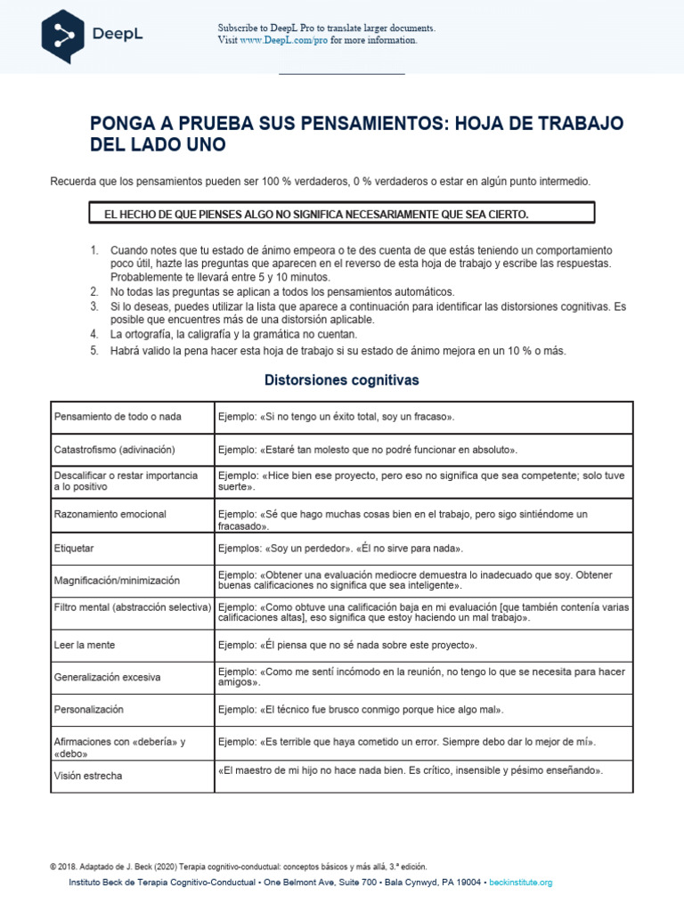 Hoja de Trabajo de Pensamientos TCC | PDF | Pensamiento | Ciencias del ...