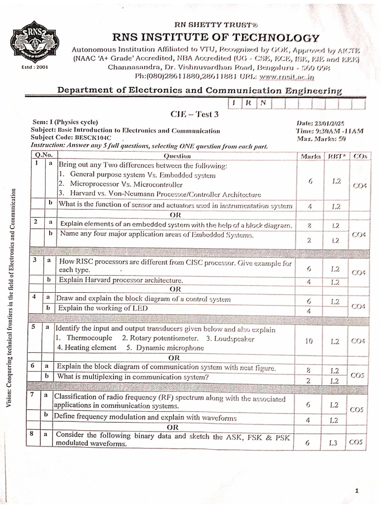 ESC - 1 ECE IA 3 Question Paper | PDF