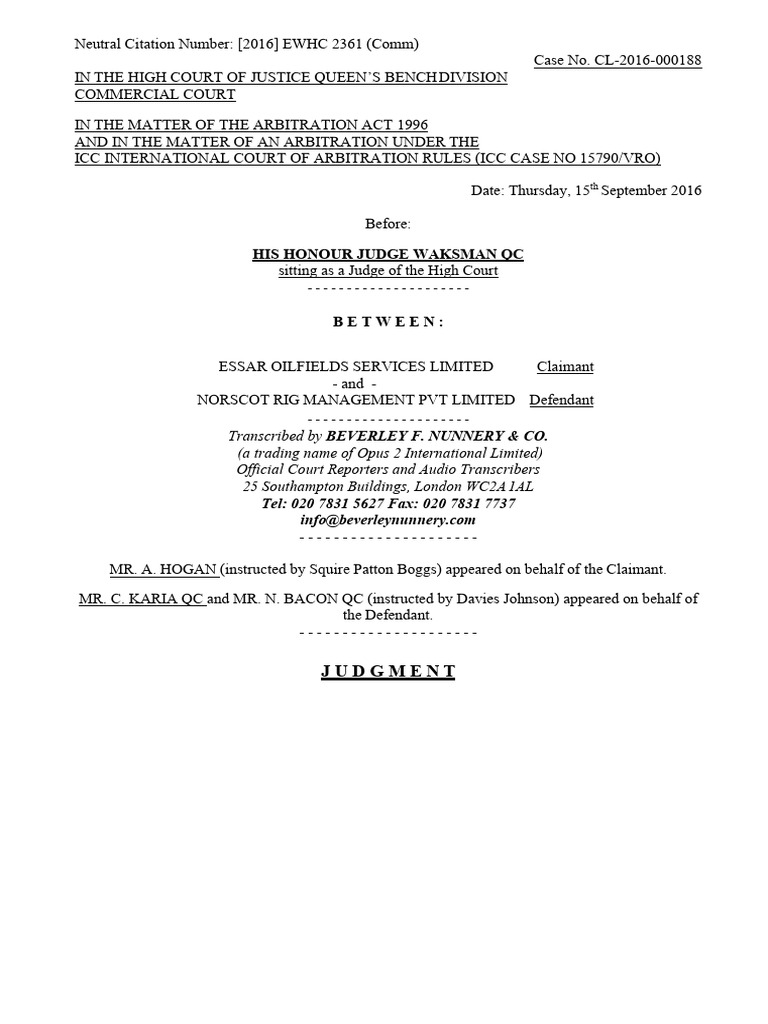 Essa Oilfield Servs. LTD v. Norcot Rig Mgmt. PVT LTD | PDF | Costs In ...