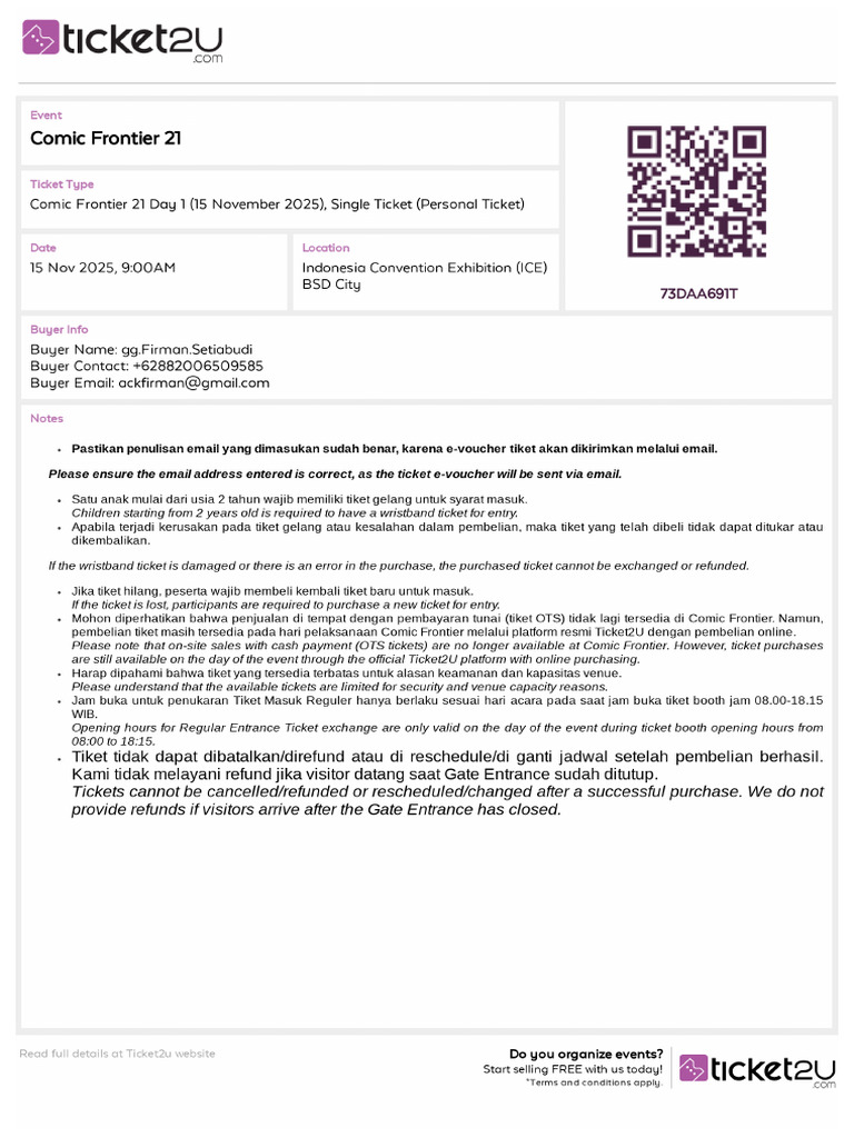 Ticket 1-Comic Frontier 21 Day 1 (15 November 2025), Single Ticket ...
