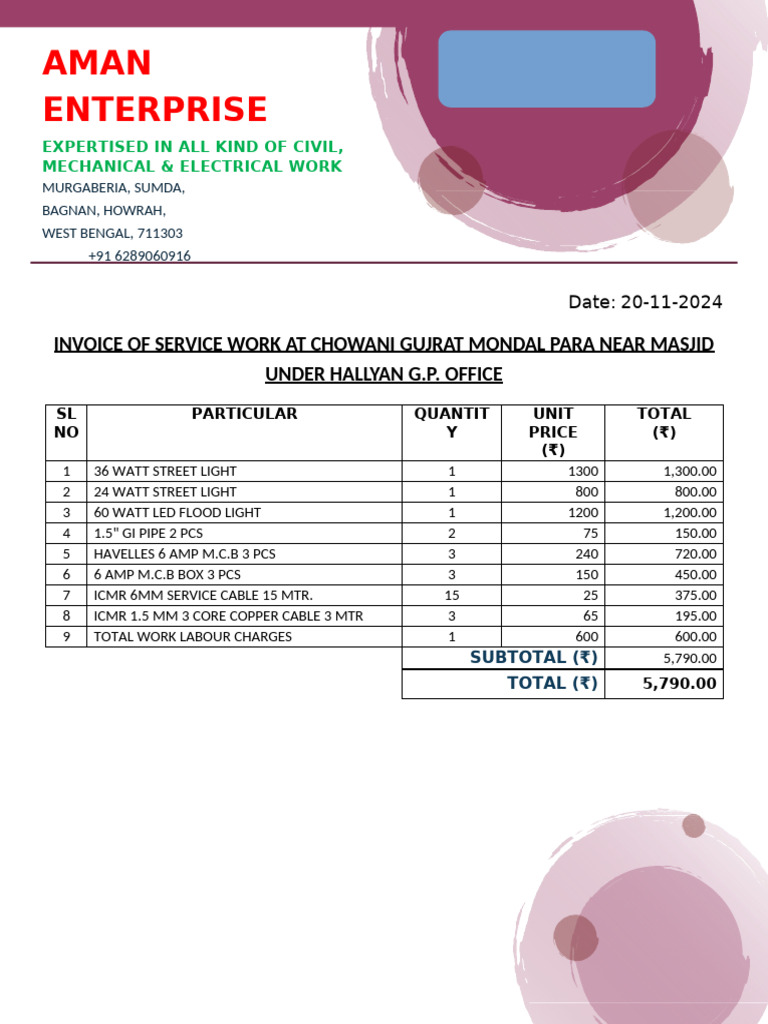 Invoice for Street Light Installation | PDF