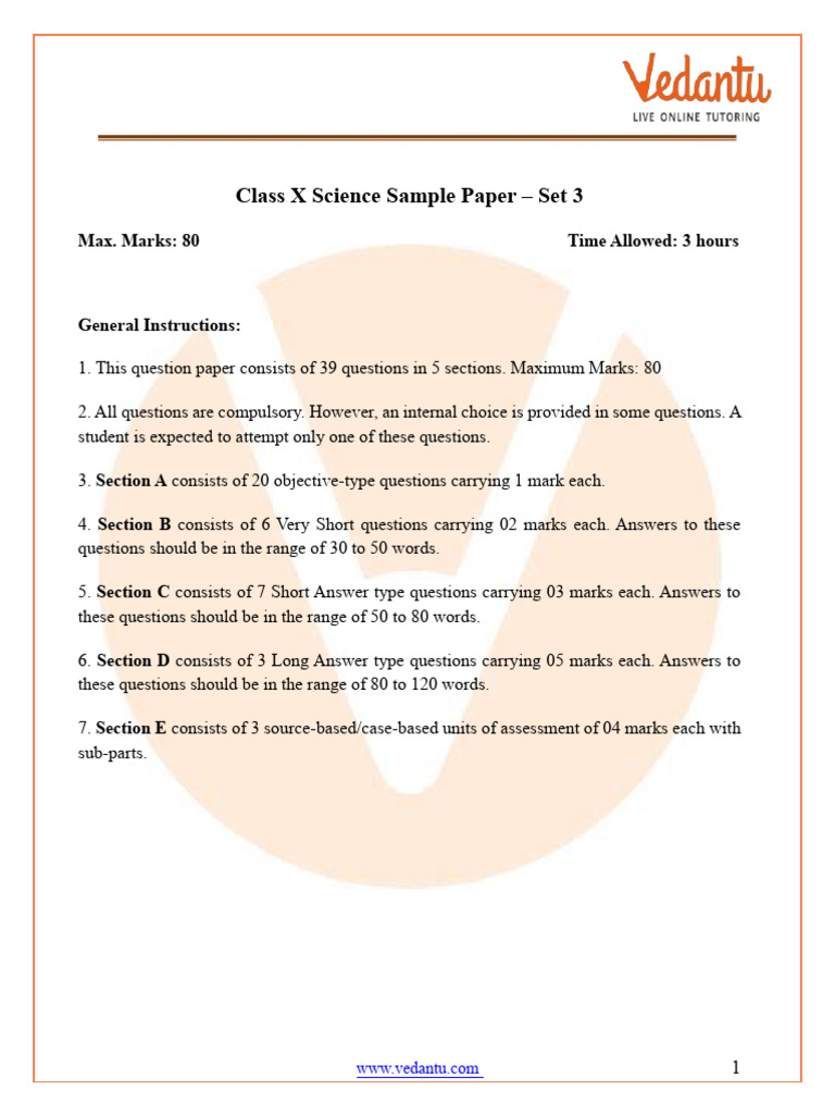 Class X Science Sample Paper Set 3 | PDF | Pancreas | Oxide