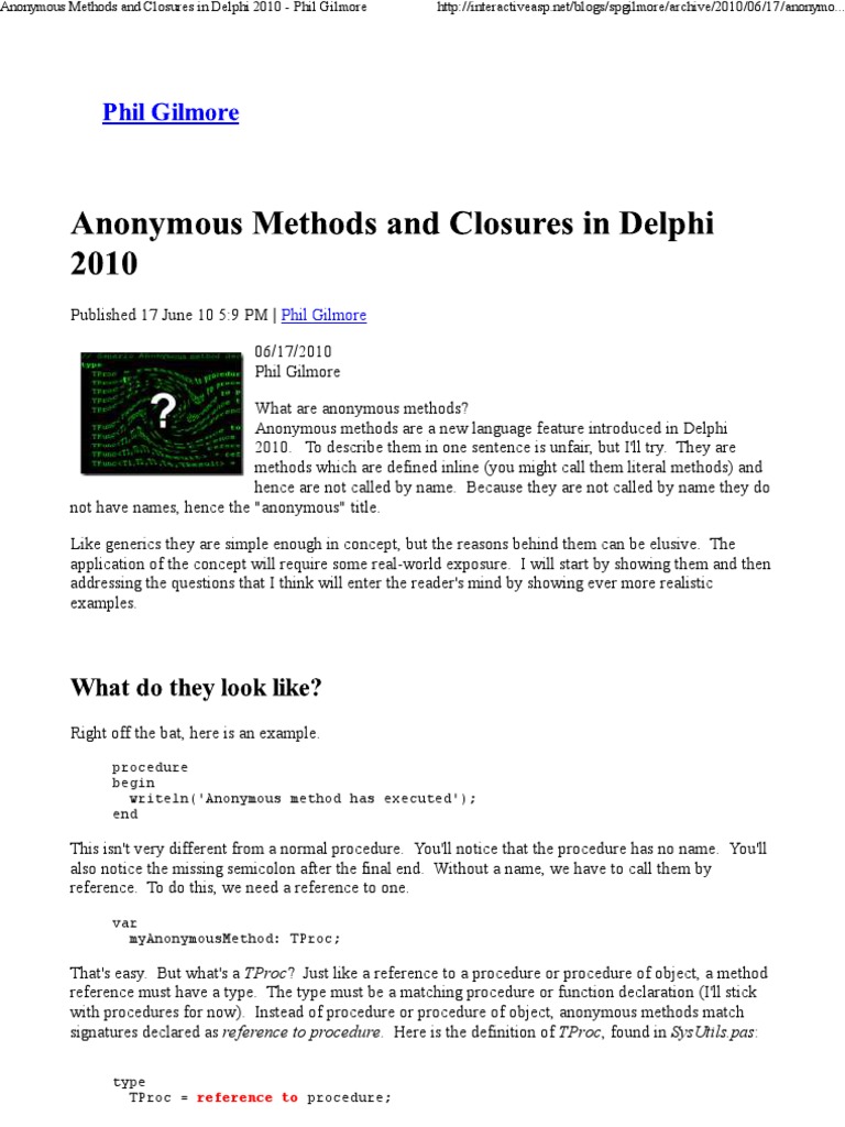 Anonymous Methods Closures Del Phi 2010 | PDF | Anonymous Function ...