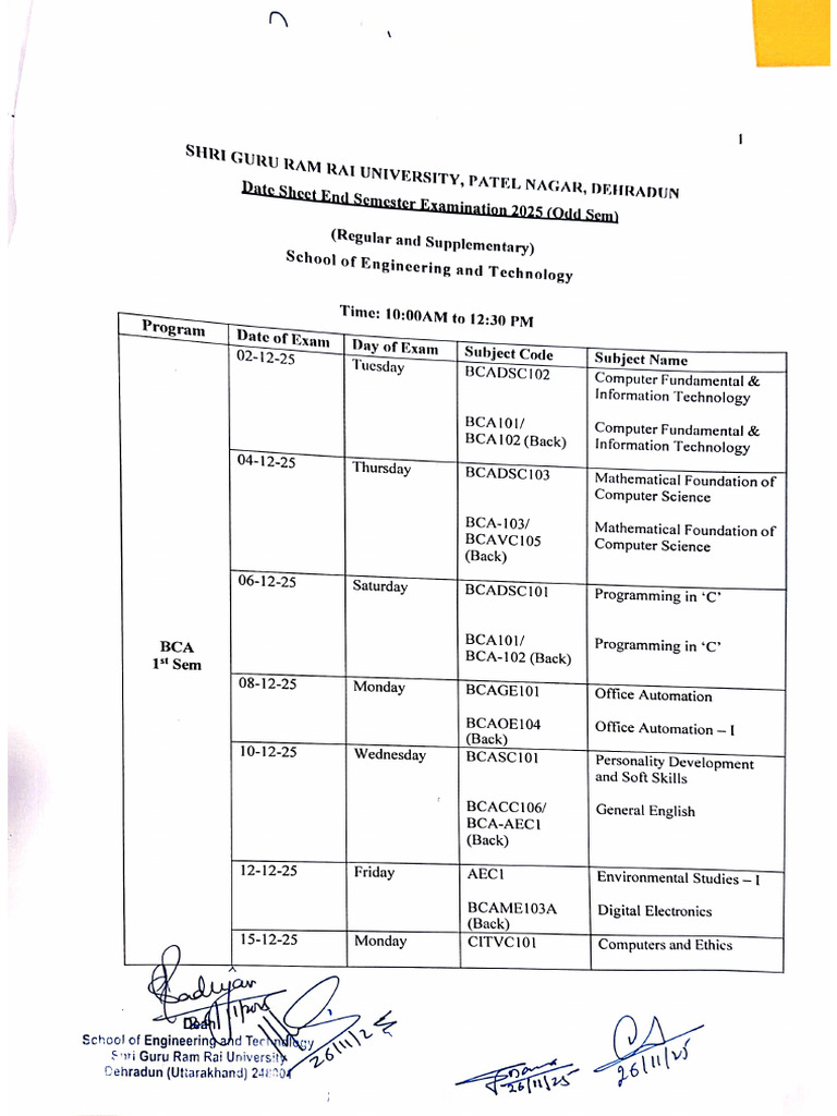 Revised Time Table SE&T December 2025 | PDF