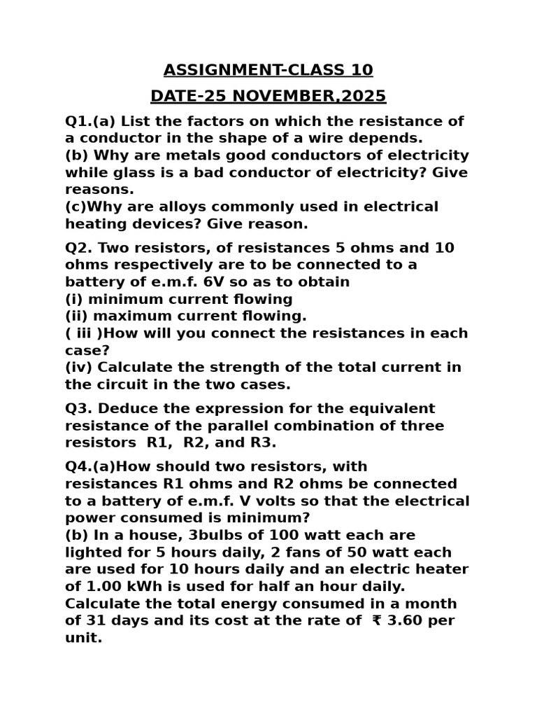 Class 10 Electricity Resistance Assignment | PDF