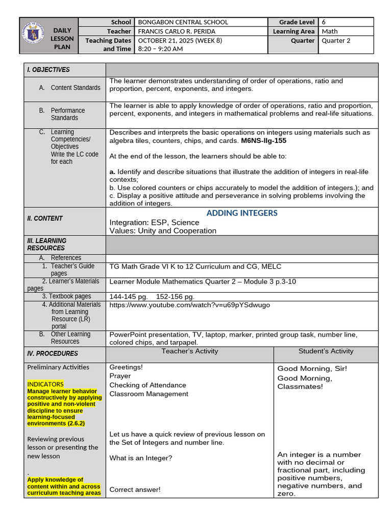 Lesson Plan Reclass Aligned To Cot Proficient | PDF | Educational ...