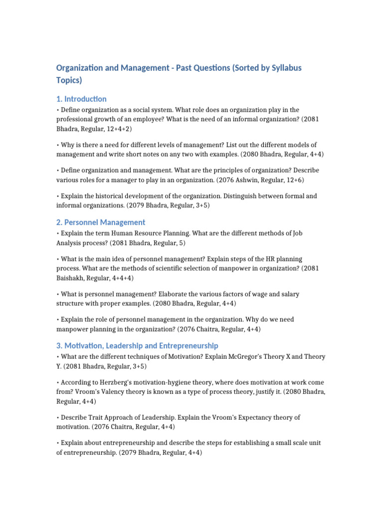 Organization and Management Exam Questions | PDF | Human Resource ...