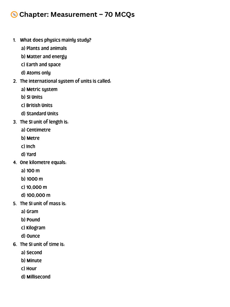 70 MCQs on Physics Measurement Concepts | PDF | International System Of ...