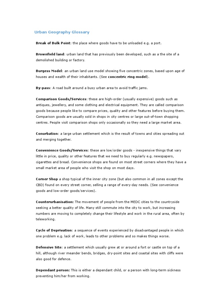 Urban Geography Glossary | PDF | Supermarket | Slum