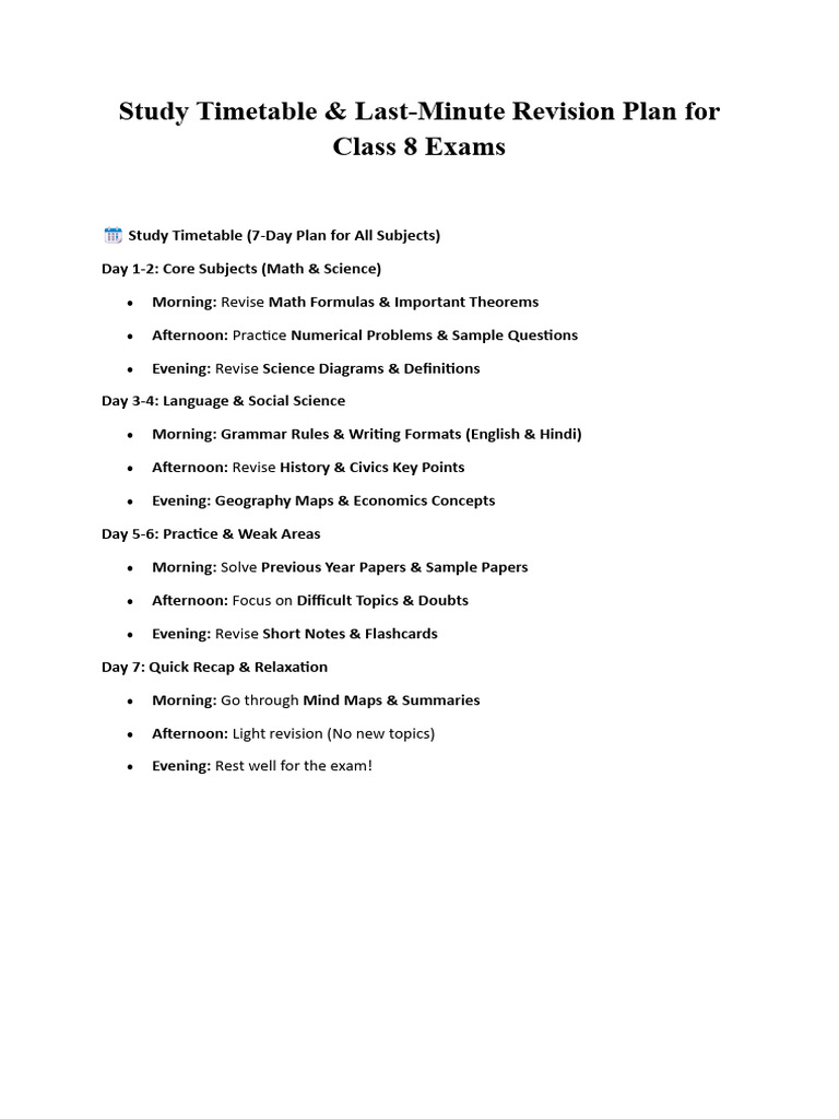 Study Timetable & Last-Minute Revision Plan For Class 8 Exams | PDF