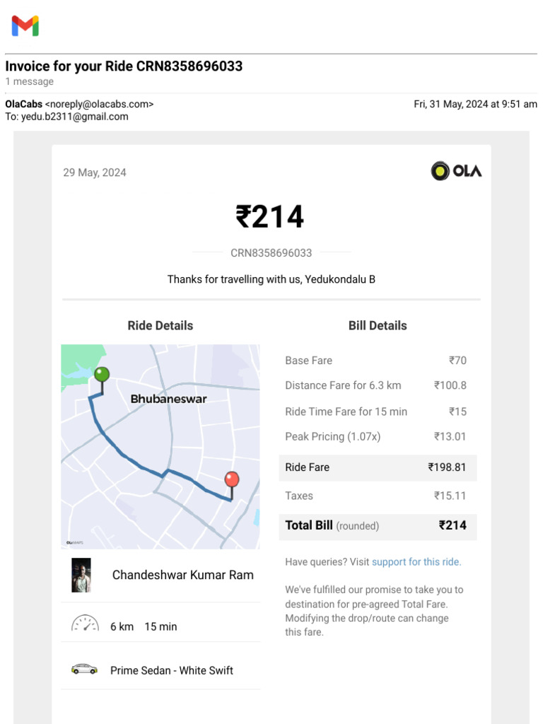 Gmail - Invoice For Your Ride CRN8358696033 | PDF | Public Transport