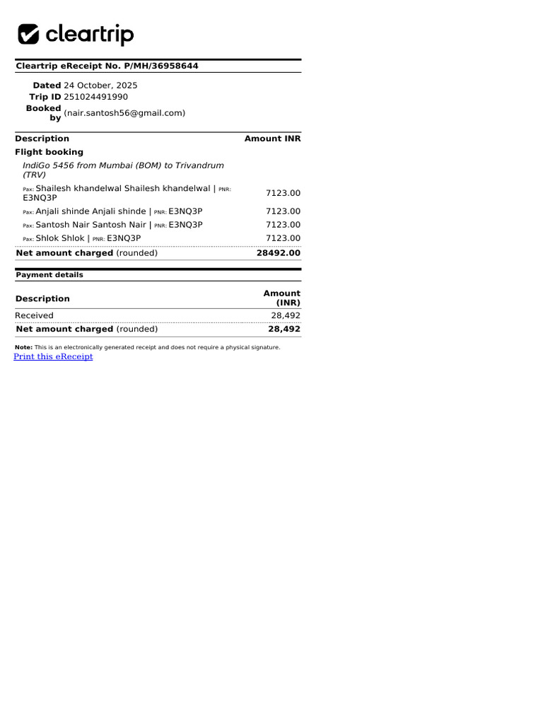 Cleartrip Flight Booking eReceipt | PDF