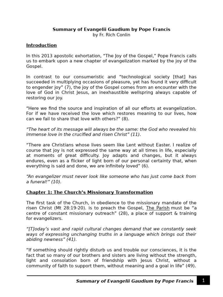 Summary of Evangelii Gaudium Insights | PDF | Eucharist | Spirituality