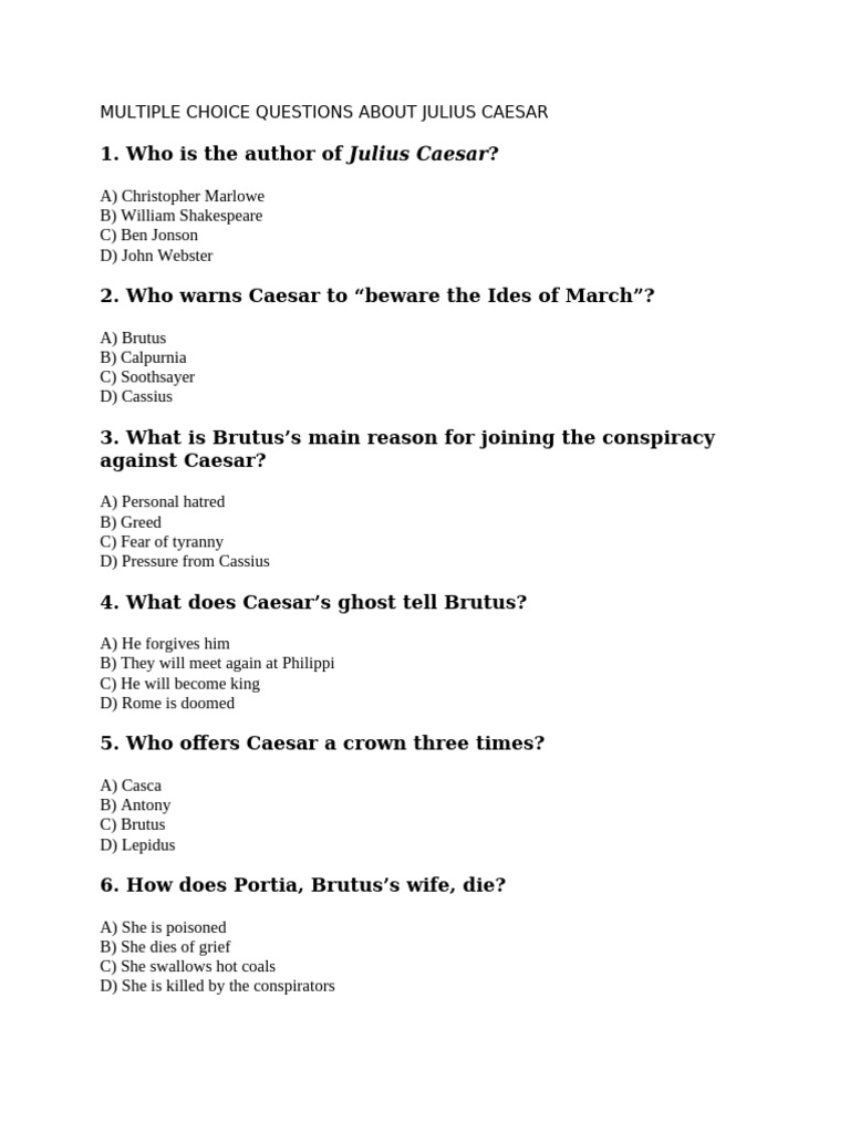 Julius Caesar Multiple Choice | PDF | Mark Antony | Julius Caesar