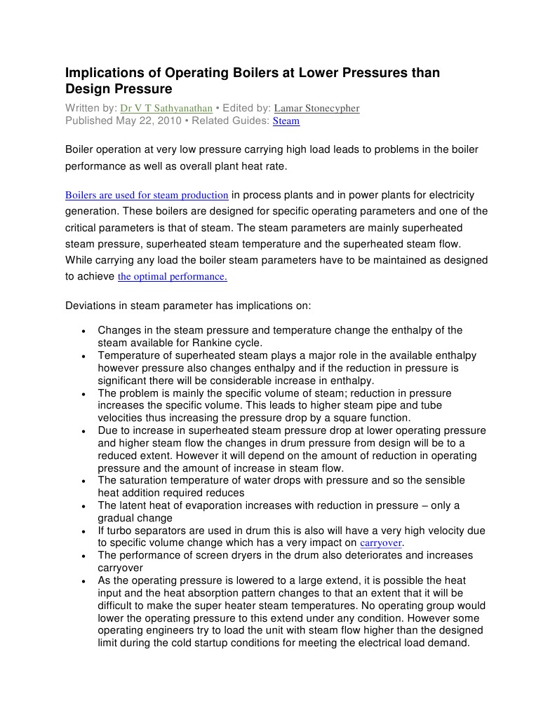 Implications of Operating Boilers at Lower Pressures Than Design ...