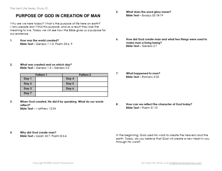 01 Purpose of God in The Creation of Man Handout | PDF