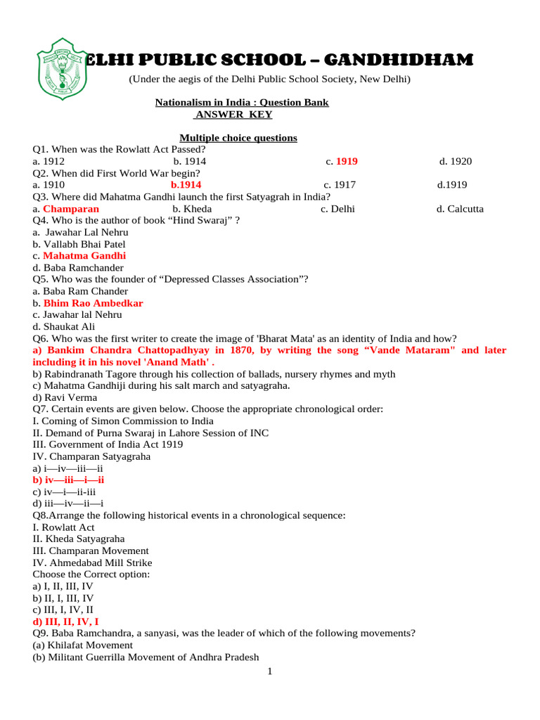 Nationalism in India Copy - Question BANK ANSWER KEY Bankdocx | PDF ...