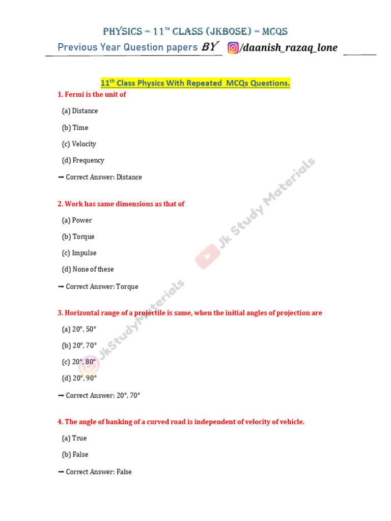 Physics 11th Class Mcqs | PDF | Torque | Angular Momentum