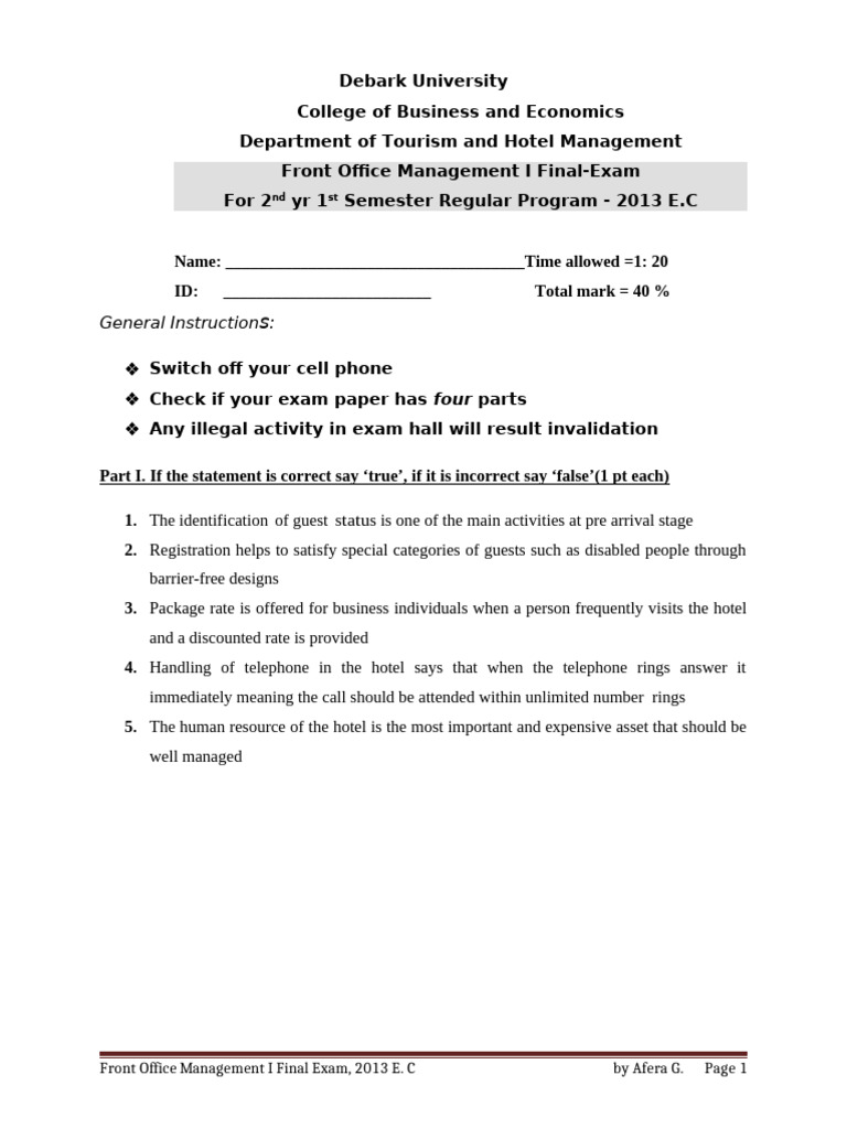 Front Office Final Exam | PDF