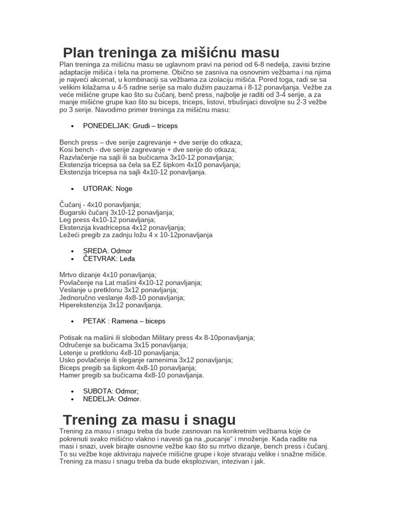 Plan Treninga Za Mišićnu Masu | PDF